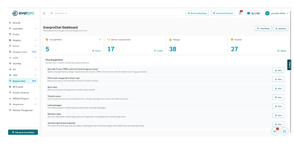 Dashboard Everpro Chat - Pusat Bantuan Everpro